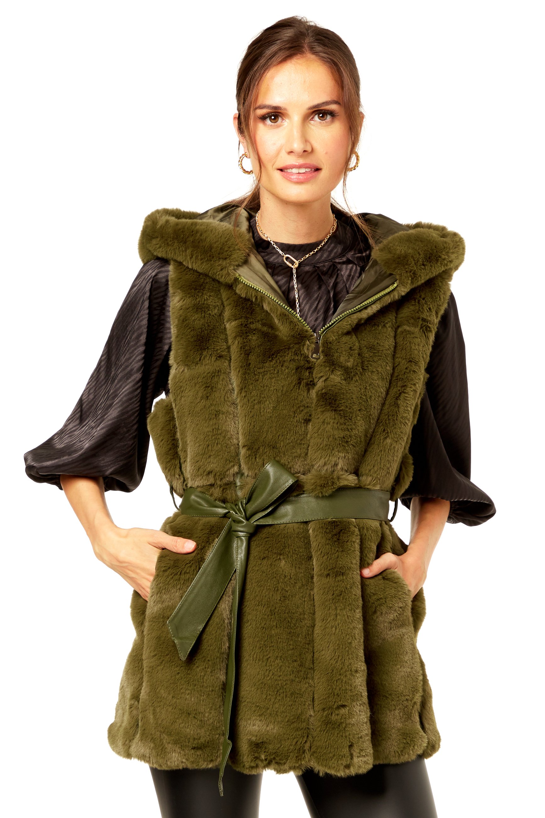 Gilet van lang bont met verticale rits