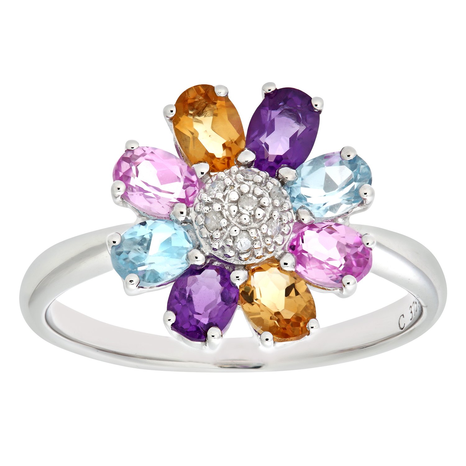 9ct witgouden damesring met diamant en citrien en amethist en blauwe ...